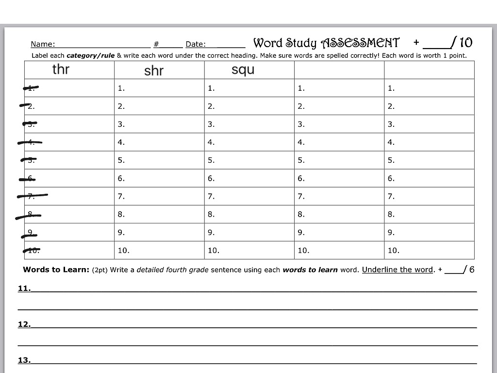 3/24 Yellow WS Assessment Sort 38 (thr, shr, squ) | WTW Word Study | ShowMe