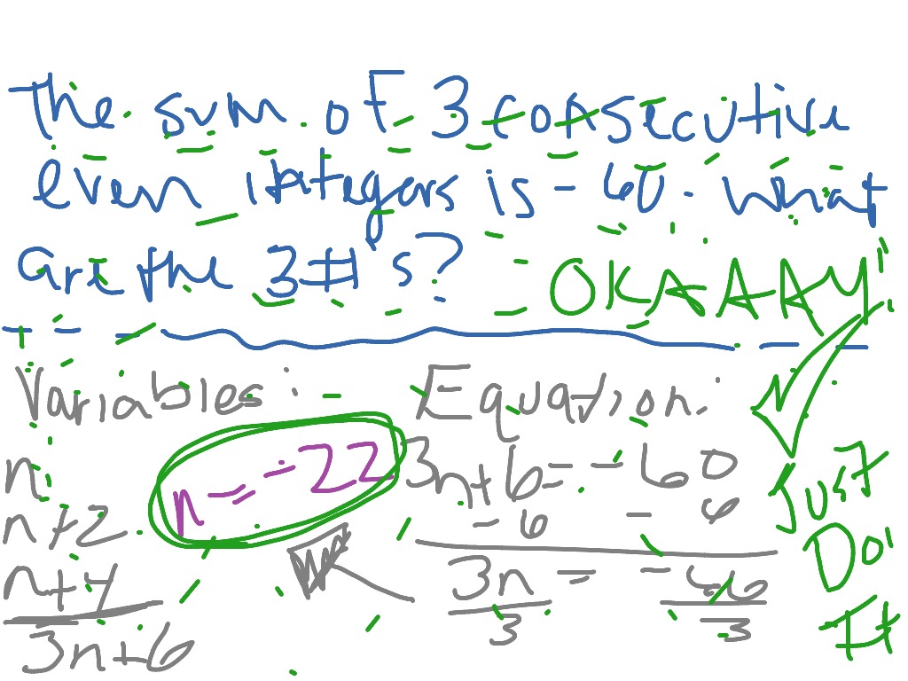 Three consecutive even integers | Math | ShowMe