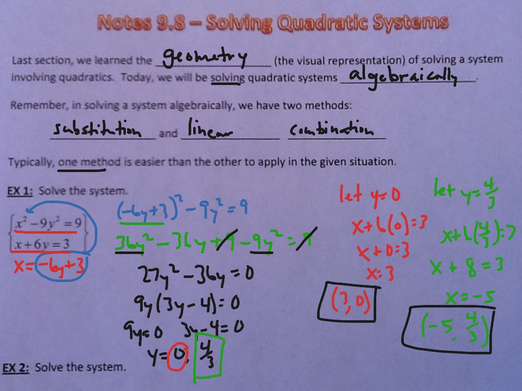 Solving quadratic systems, 9.8, slide 1 | Math, Algebra 2, Graphing | ShowMe