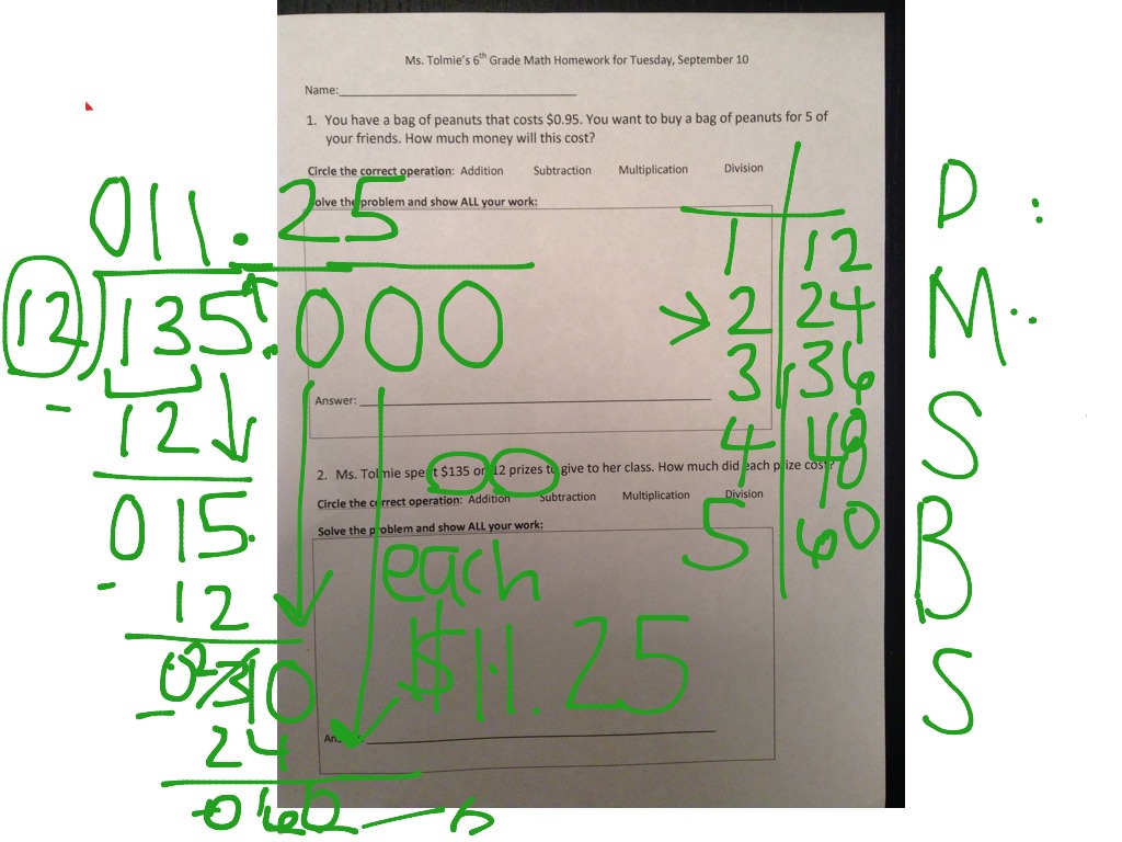 NS.3 multiplying and dividing word problems homework check 9/11/13 | Math | ShowMe