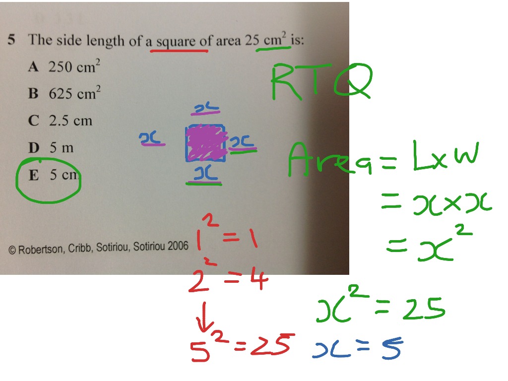 Question 5 - Finding side length of square (area) | ShowMe